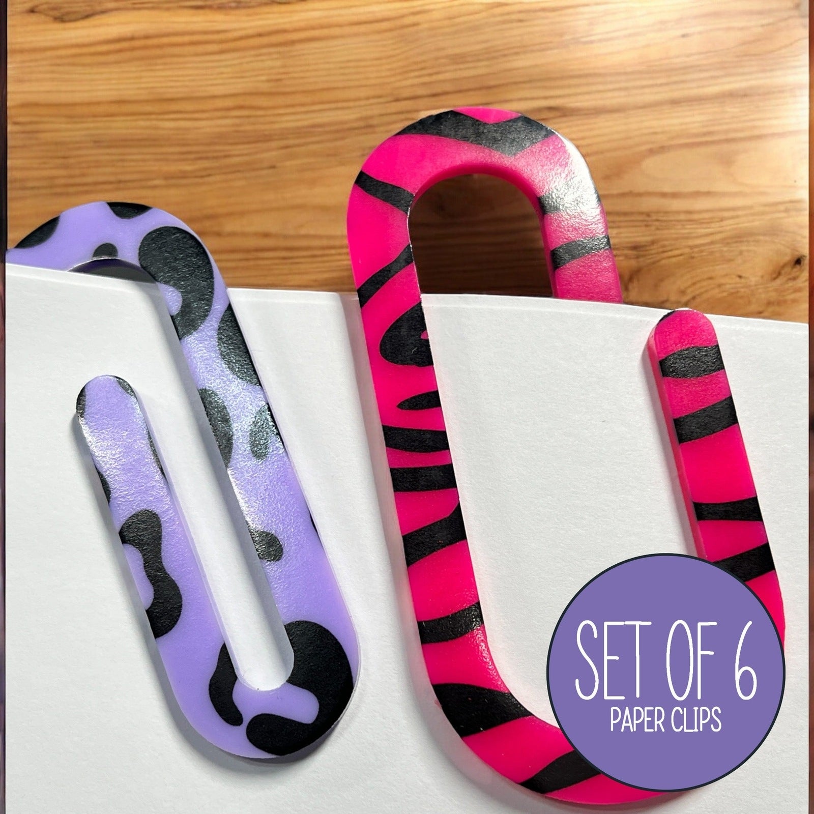 Jumbo Animal Print Paper Clips - Colored Acrylic Bookmarks - Set of 6 ...